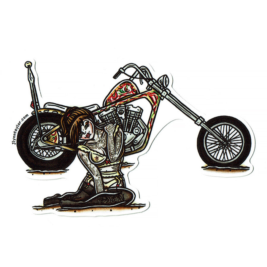 Ironhead Chopper Pinup (yellow, red green) Sticker | Jlynntaylor